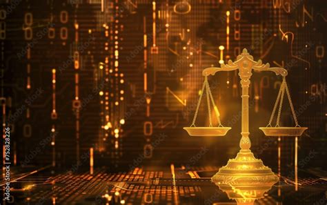 Digital Justice Concept With Golden Scales Justice In Front Of A Digital Binary Code Background