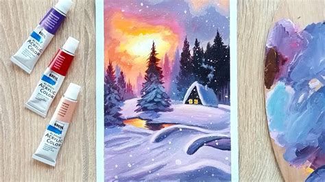 Зимний пейзаж красками легкий Как нарисовать зимний пейзаж красками Youtube
