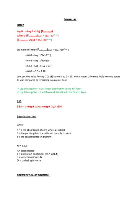 Common Formulas Used Formulas LOG D Log D Log P Log Fuinionised Where Fuinionised BASE