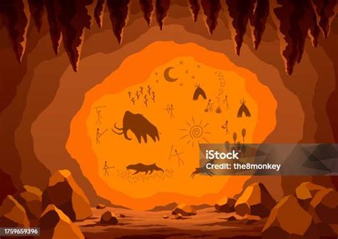 그림이 있는 선사 시대 동굴 원시인의 오래된 그림 석기 시대 예술 고대 역사와 고고학 원시 원시인 스케치 벡터 만화 일러스트 동굴에 대한 스톡 벡터 아트 및 기타 이미지