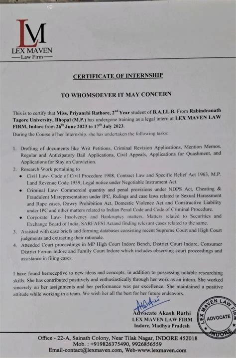 Priyanshi Rathore On Linkedin Completed My Internship Under Adv Akash Rathi In The Law Firm