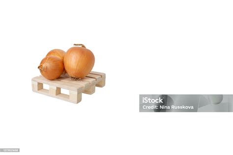 큰 복사 공간이있는 흰색 배경에 고립 된 나무 미니 팔레트에 잘 익은 신선한 전구 양파 세 가지를 닫습니다 갈색 양파의 계절 수확 야채 가게 백화점에서 제품 판매 개념