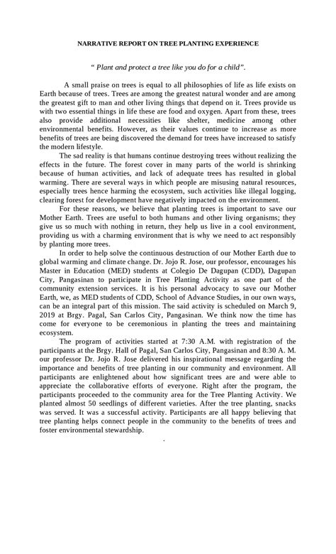 Tree Planting ACTIVITY REPORT Summaries Physical Education Docsity