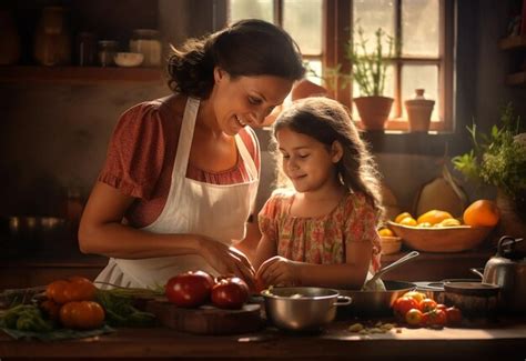 Retrato De Uma Jovem Mãe E Sua Filha Cozinhando Juntos Na Cozinha