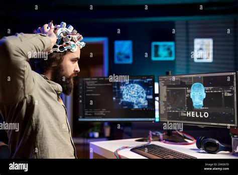 Man Placing Eeg Headset On Head To Communicate With Artificial