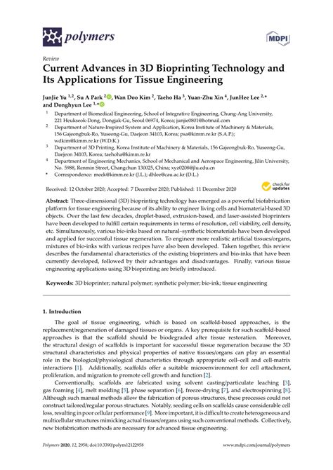 Pdf Current Advances In 3d Bioprinting Technology And Its Applications For Tissue Engineering