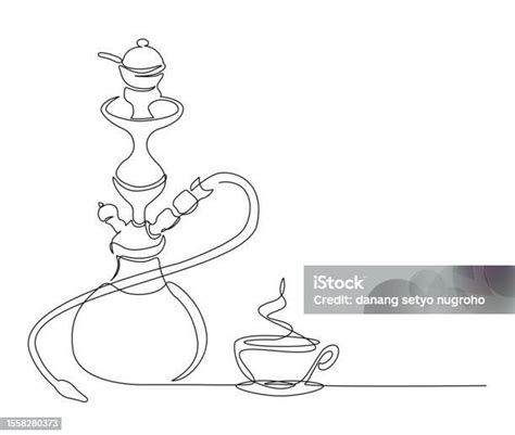 물 담뱃대와 컵 커피 담배 흡연 설비의 연속 한 선 그리기 간단한 Sheesha 윤곽선 벡터 그림입니다 0명에 대한 스톡 벡터