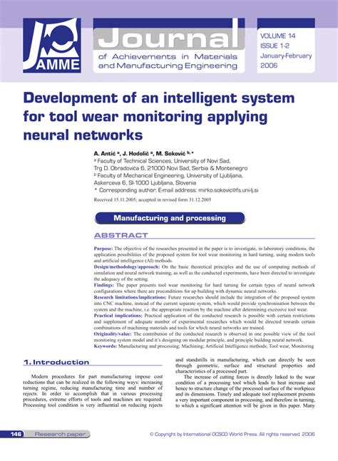 pdf development of an intelligent system for tool wear monitoring