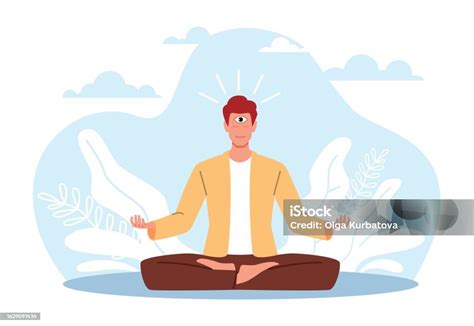 이마에 세 번째 눈을 가진 명상하는 사람은 직관을 사용하여 결정을 내립니다 연꽃 자세로 앉아 있는 소년 균형과 차분함 정신 건강 벡터 만화 플랫 스타일 격리 된 개념