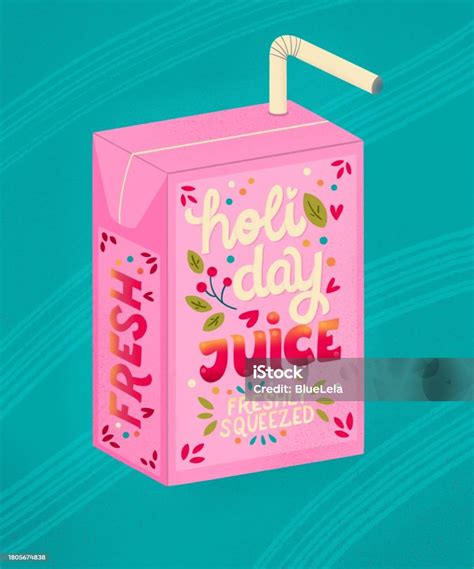 손글씨 휴일 주스가 있는 주스 상자입니다 귀여운 축제 겨울 휴가 일러스트입니다 밝은 화려한 분홍색과 파란색 인사말 카드입니다 11월에 대한 스톡 벡터 아트 및 기타 이미지