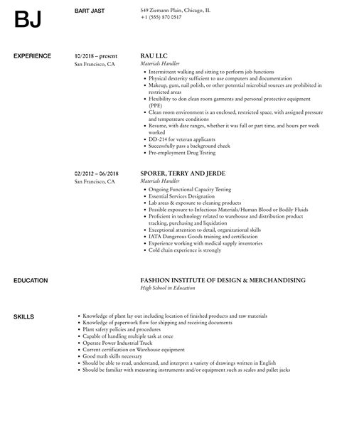 Materials Handler Resume Samples Velvet Jobs