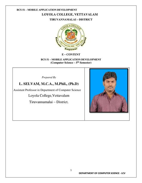 BCS Mobile Application Development UNIT I LOYOLA COLLEGE VETTAVALAM TIRUVANNAMALAI