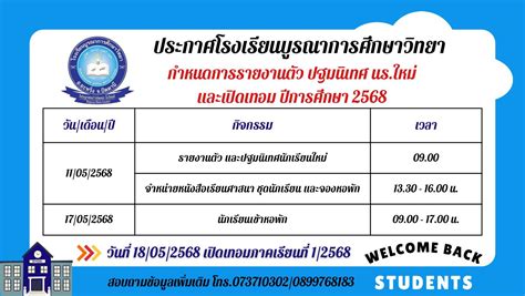 โรงเรียนบูรณาการศึกษาวิทยา ประกาศ เรื่อ ง กำหนด การ รายงานตัว ปฐ ม นิเทศ นักเรียน ใหม่ ซื้อ