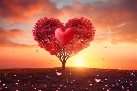 Premium Photo One Red Tree With Shape Of Heart In Filed