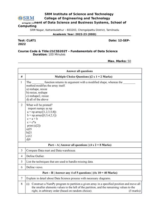 Fds Ct1 Qus Srm Mtech Ds Set1 Srm Institute Of Science And Technology