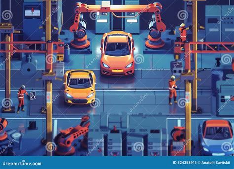 A Dynamic Illustration Of A Car Assembly Line With Robots And Workers Showcasing Modern