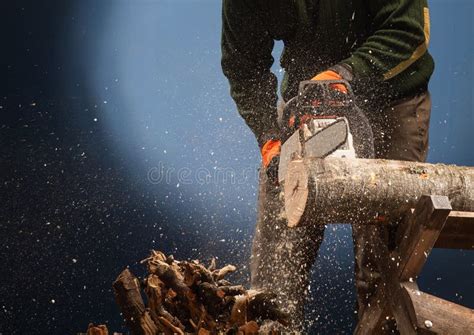 The Worker Cutting The Tree With A Chainsaw Stock Image Image Of