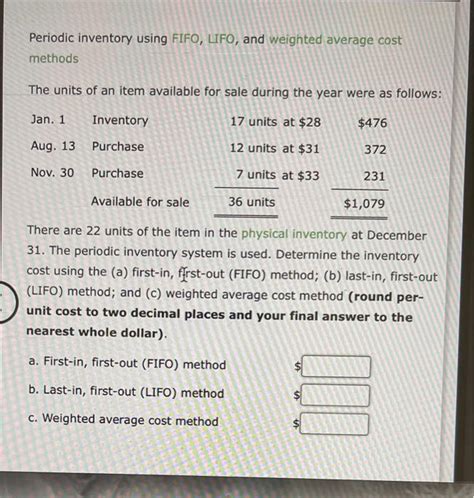 solved periodic inventory using fifo lifo and weighted