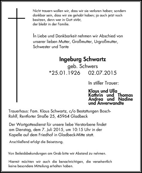 Traueranzeigen Von Ingeburg Schwartz Trauer In Nrw De