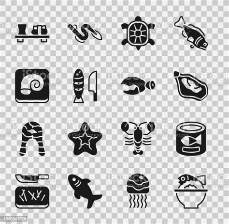 그릇에 생선 통조림 홍합 거북이 슬라이스 조각 문어 접시 초밥 도마 랍스터 또는 게 발톱 아이콘이 있는 생선을 세트합니다 벡터 갈고리 발톱에 대한 스톡 벡터 아트 및 기타