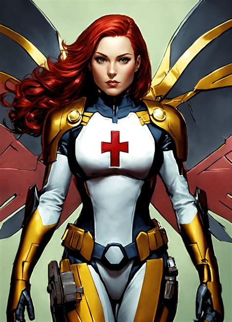 Lexica Female X Men Shadowcat With Red Hair Wearing White Metal Iron Man Armor With Red Medic