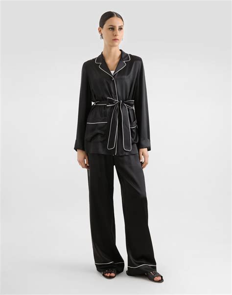Silk Pajama Pants With Contrasting Piping In Black For Women Dolce