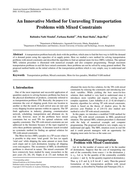 Pdf An Innovative Method For Unraveling Transportation Problems With Mixed Constraints