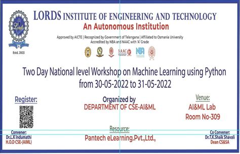 two day national workshop on ml using python lords institute of