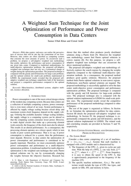 A Weighted Sum Technique For The Joint Optimization Of Performance And Power Consumption In Data