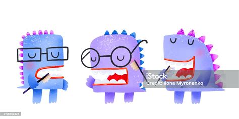Set Ot Funny Cartoon Monsters Cleaning Teeth With Toothbrush Dental And