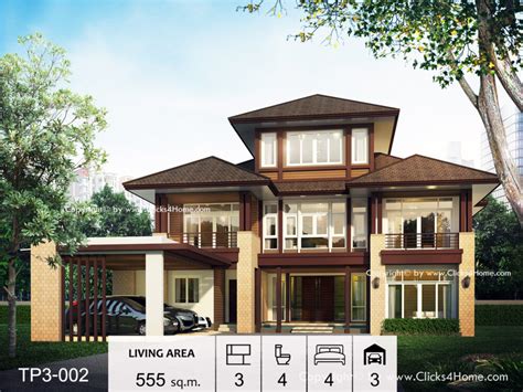 แบบบ้านสามชั้น Tp3 002 สไตล์ทรอปิคอล Tropical หลังคาทรงปั้นหยา