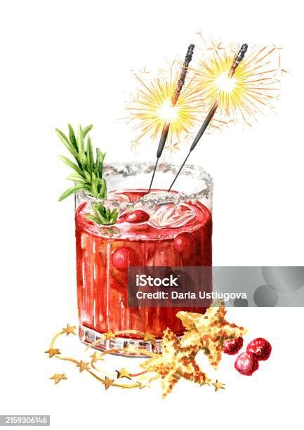 축제 분위기의 크리스마스 음료 로즈마리와 스파클러를 곁들인 상쾌한 크랜베리 칵테일 손으로 그린 수채화 그림 흰색 배경에 고립 0