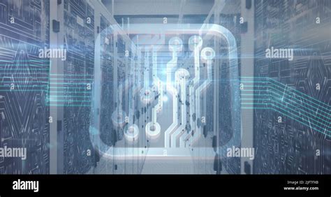 Digital Image Of Microprocessor Connections Against Empty Server Room Computer Interface