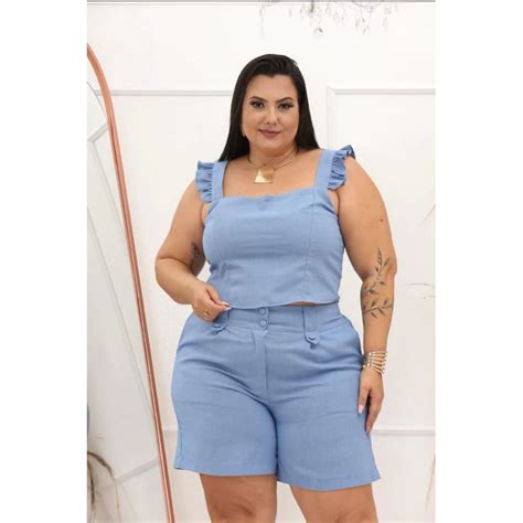 Conjunto Shorts E Cropped Plus Size Em Linho Conjuntos