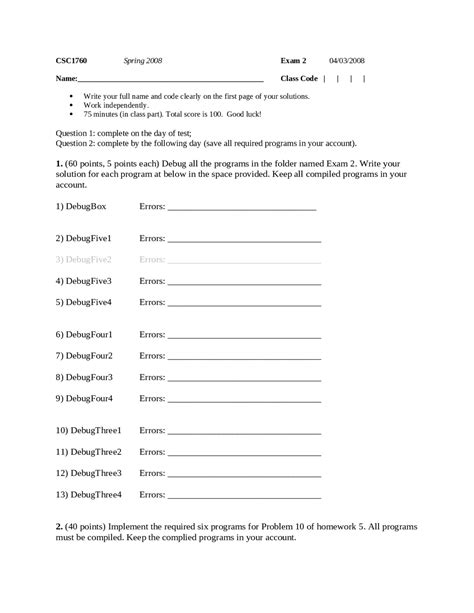 Exam 2 Problems Introduction To Programming Csc 1760 Docsity