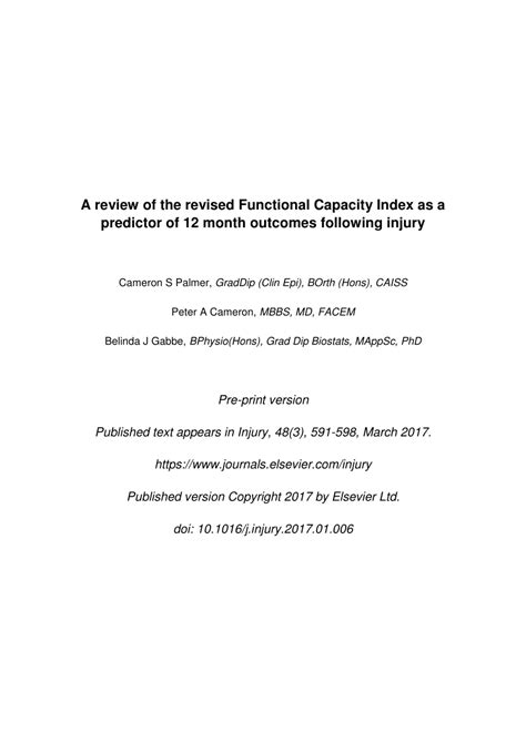 PDF A Review Of The Revised Functional Capacity Index As A Predictor Of Month Outcomes