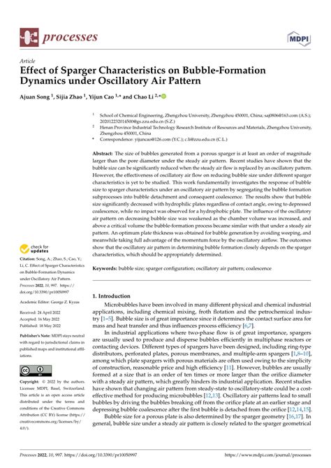 Pdf Effect Of Sparger Characteristics On Bubble Formation Dynamics Under Oscillatory Air Pattern