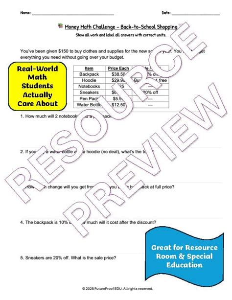 Money Math Challenge Real World Budgeting And Problem Solving High School