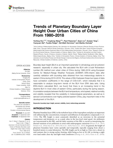 Pdf Trends Of Planetary Boundary Layer Height Over Urban Cities Of China From 19802018