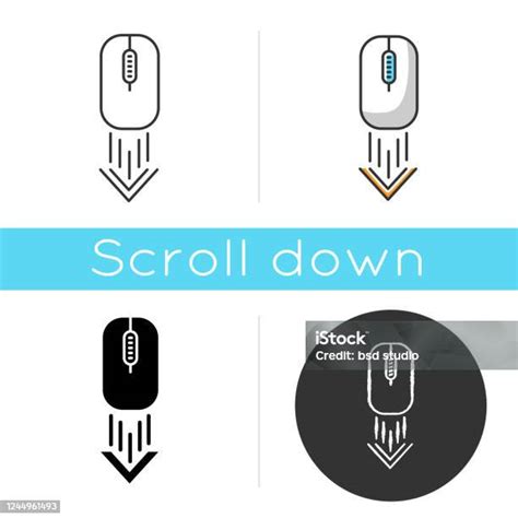 컴퓨터 마우스 아이콘아래로 스크롤합니다 인터넷 페이지 검색 화살표 스크롤 다운 제스처 표시기입니다 웹 사이트 포인터입니다 웹 커서 선형 검정 및 Rgb 색상 스타일입니다