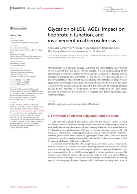 Pdf Glycation Of Ldl Ages Impact On Lipoprotein Function And Involvement In Atherosclerosis