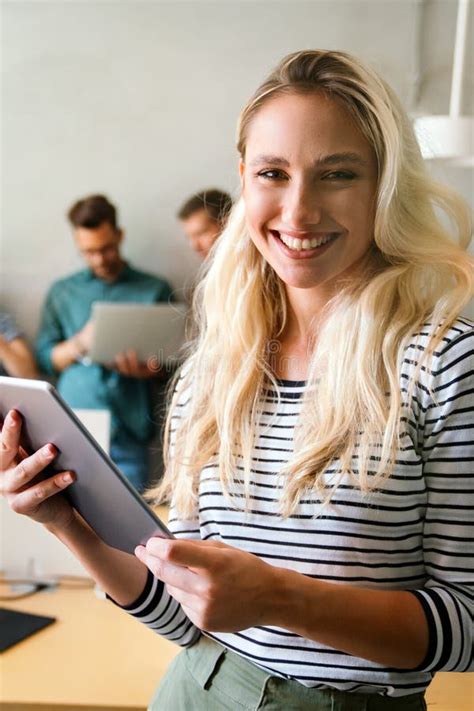 Successful Young Business Woman Standing In Creative Modern Office Success Woman Concept Stock