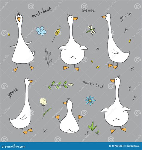 Goose Doodles Set Cute Geese Sketch Hand Drawn Cartoon Vector