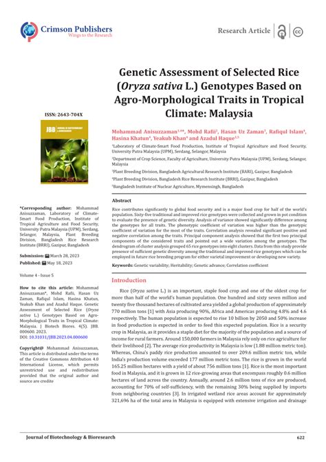 Pdf Genetic Assessment Of Selected Rice Oryza Sativa L Genotypes Based On Agro