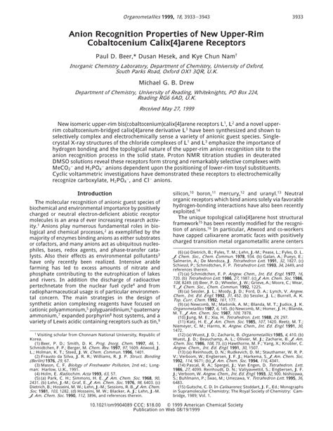 Pdf Anion Recognition Properties Of New Upper Rim Cobaltocenium Calix 4 Arene Receptors
