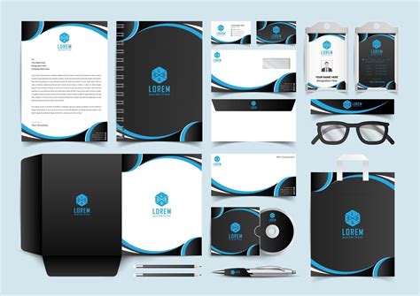 Unternehmensidentität Festgelegt Design Kit Für Schwarze Und Blaue Briefpapiervorlagen
