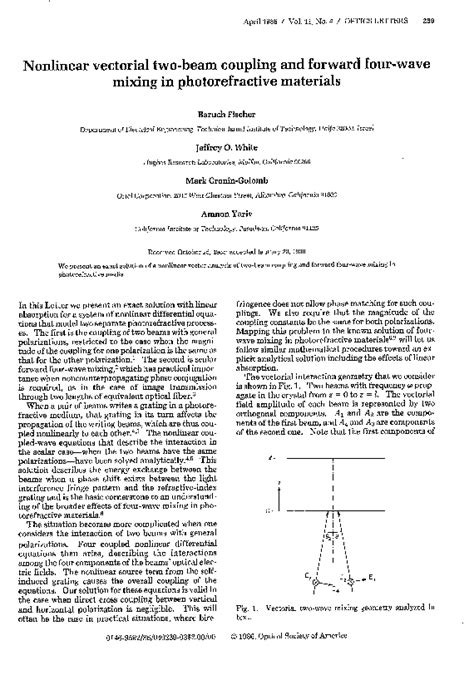 Pdf Nonlinear Vectorial Two Beam Coupling And Forward Four Wave