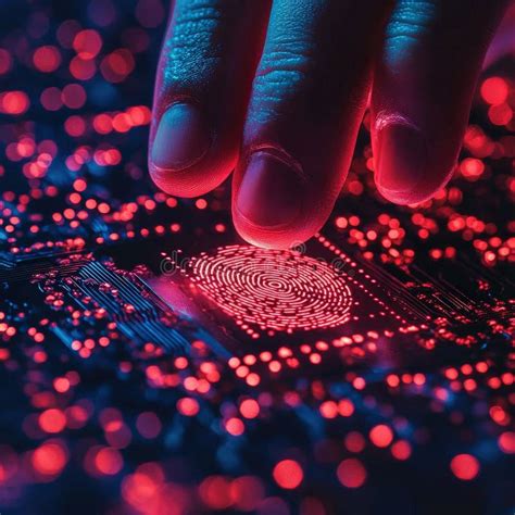 Finger Scanning Glowing Fingerprint Futuristic Circuit Board Stock