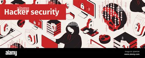 Hacker Security Site Isometric Composition With Text And Isolated Icons Cyber Thief Character