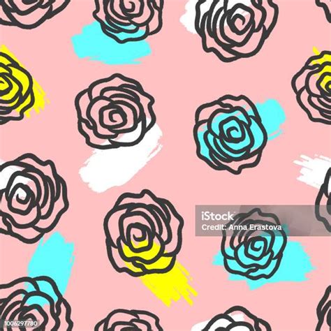 브러시 스트로크 및 손으로 그린 장미의 개략을 반복 한다 귀여운 꽃 완벽 한 패턴입니다 낙서 스케치 낙서 그래픽 프린트에 대한